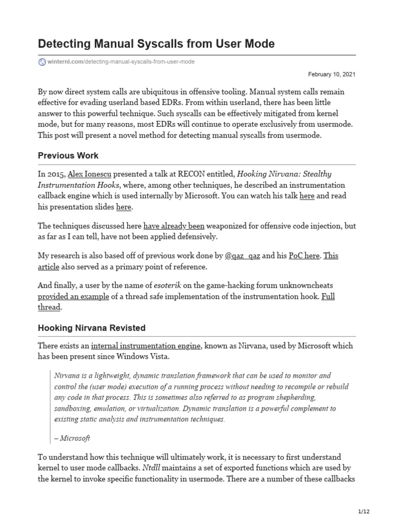 2021-02-10 - Detecting Manual Syscalls From User Mode | PDF | Kernel (Operating System) | Thread ...