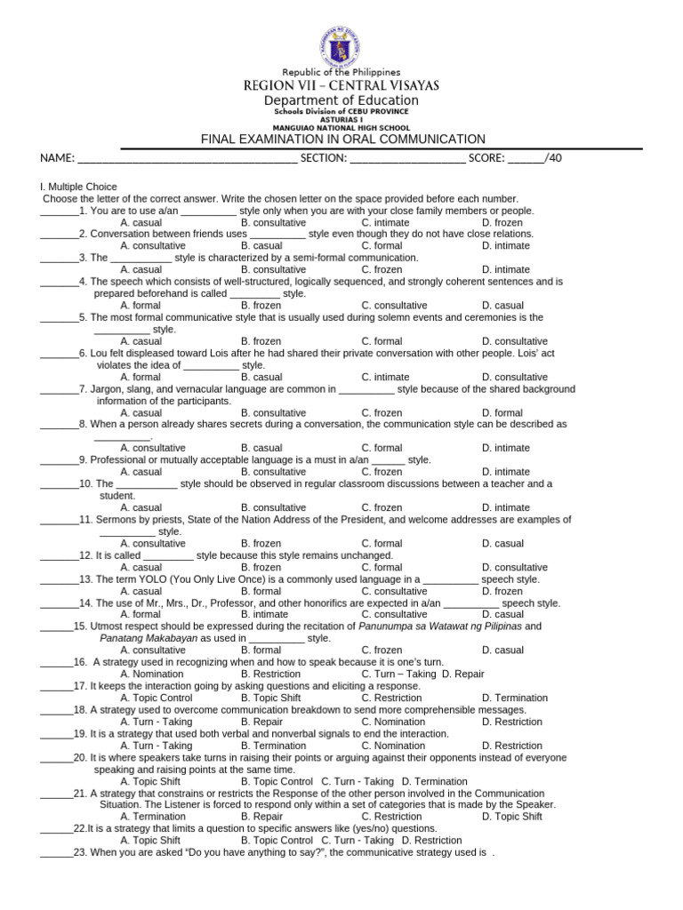 Final Exam: Oral Communication Skills | PDF | Question | Speech