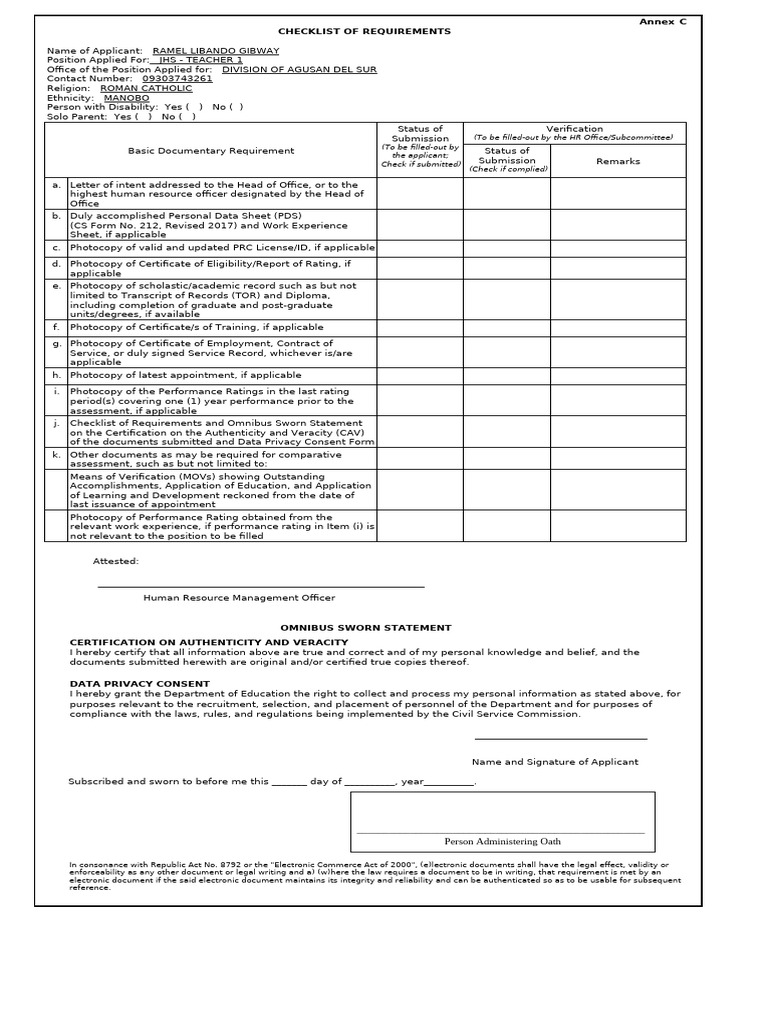 Teacher 1 Application Requirements Checklist | PDF