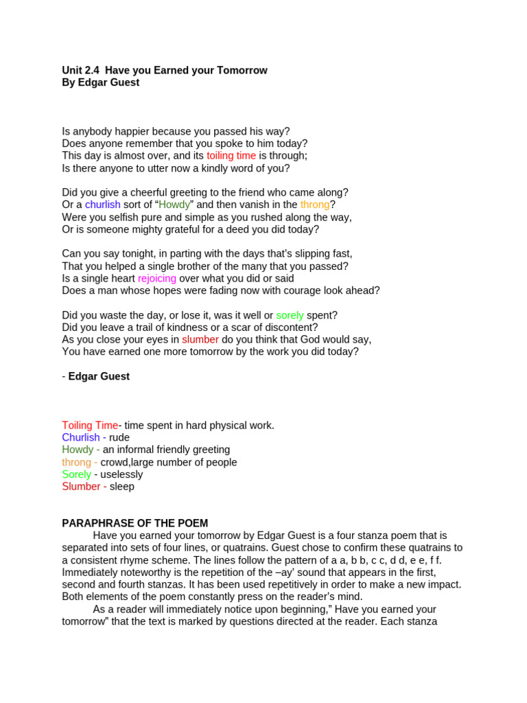 Have You Earned Your Tommorrow | PDF | Poetry