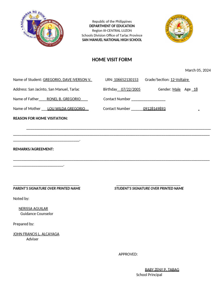 Home Visit Form | PDF