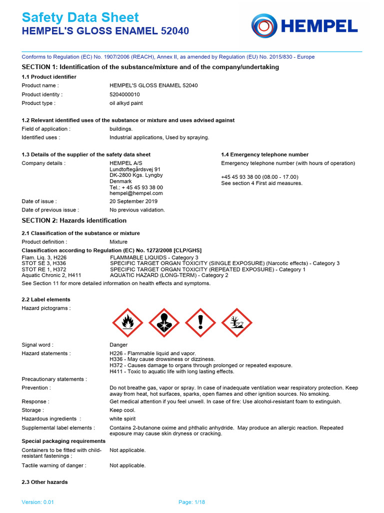 Hempel - S Gloss Enamel 52040 | PDF | Toxicity | Occupational Safety And Health