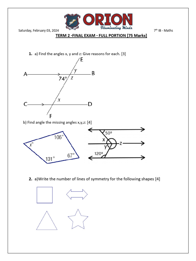 7th IB Maths Final Exam Questions | PDF | Area | Euclidean Geometry