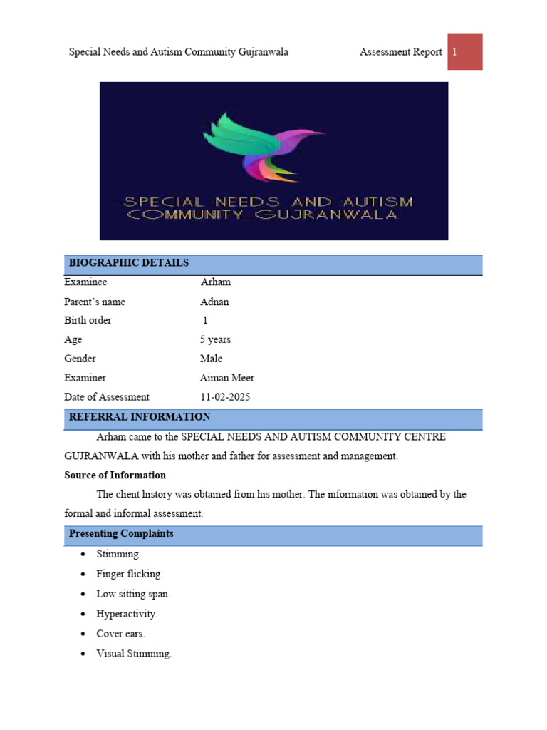 Arham ADOS, Sensory Profile and Poratge Guide Full Assessment 2025 | PDF | Autism | Psychology