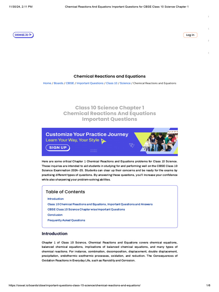 Chemical Reactions and Equations Important Questions For CBSE Class 10 ...