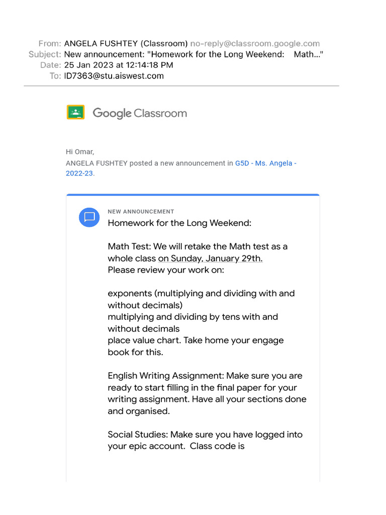New Announcement Homework For The Long Weekend Math | PDF