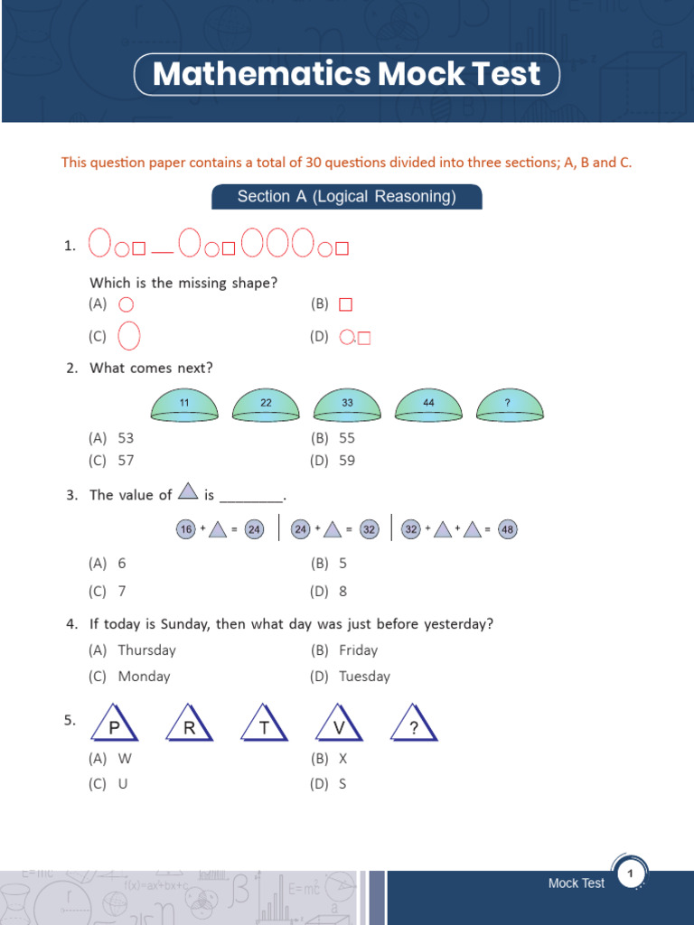 Math-Class 1 - Mock Test | PDF