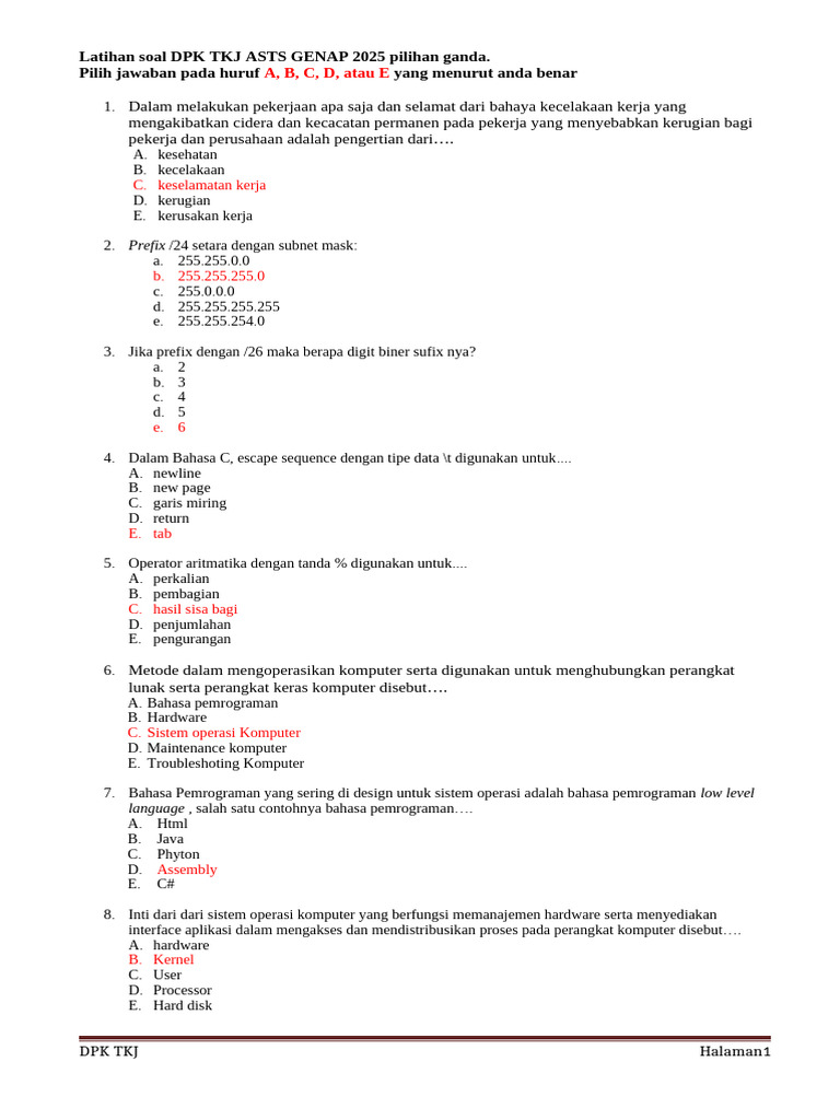 LAtihan KISI2 SOAL Dan Jawaban DPK TKJ | PDF