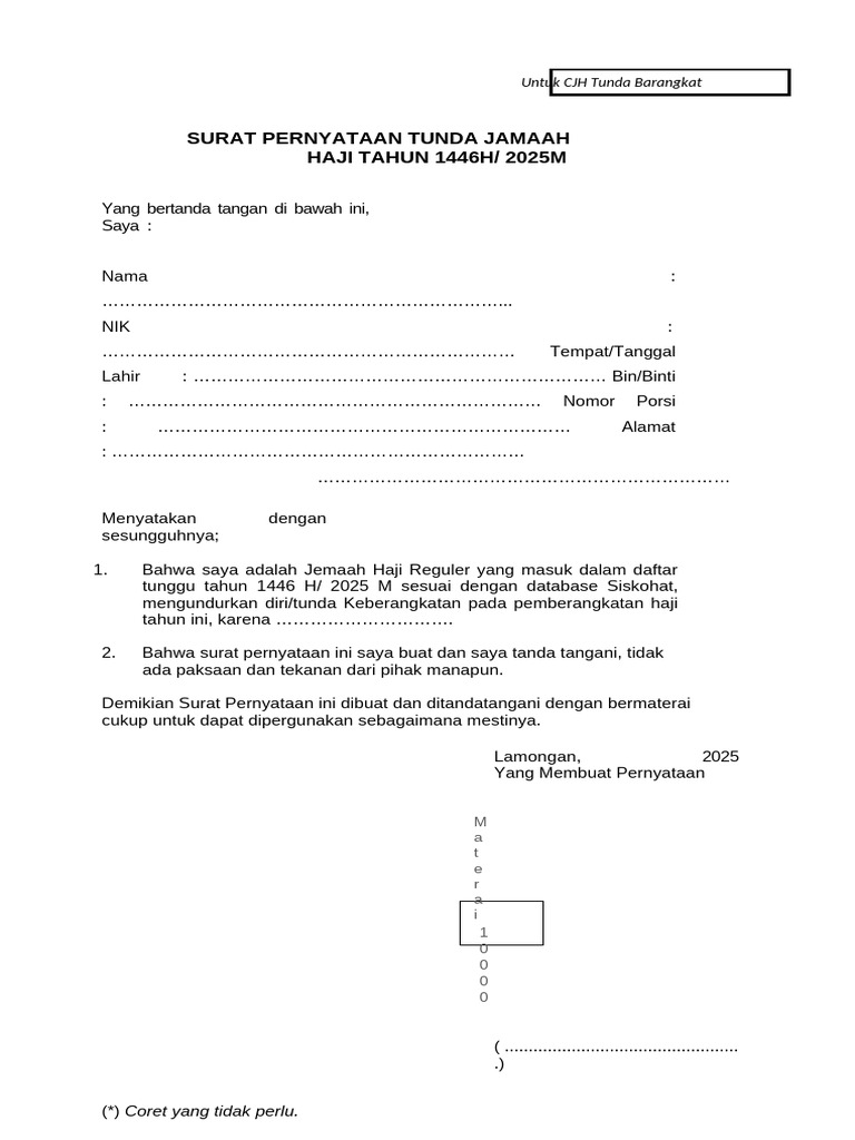Surat Pernyataan Tunda Keberangkatan Haji | PDF