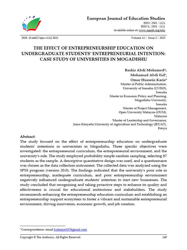 Entrepreneurship Education | PDF | Entrepreneurship | Intention