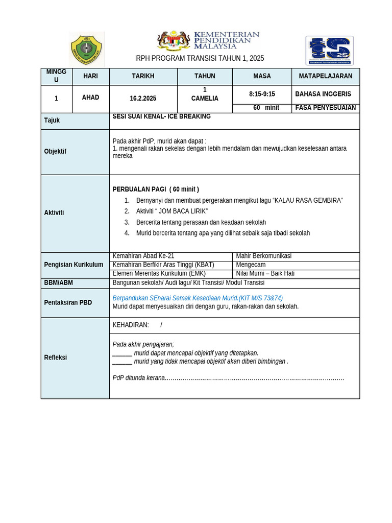 Contoh RPH Fasa Penyesuaian | PDF