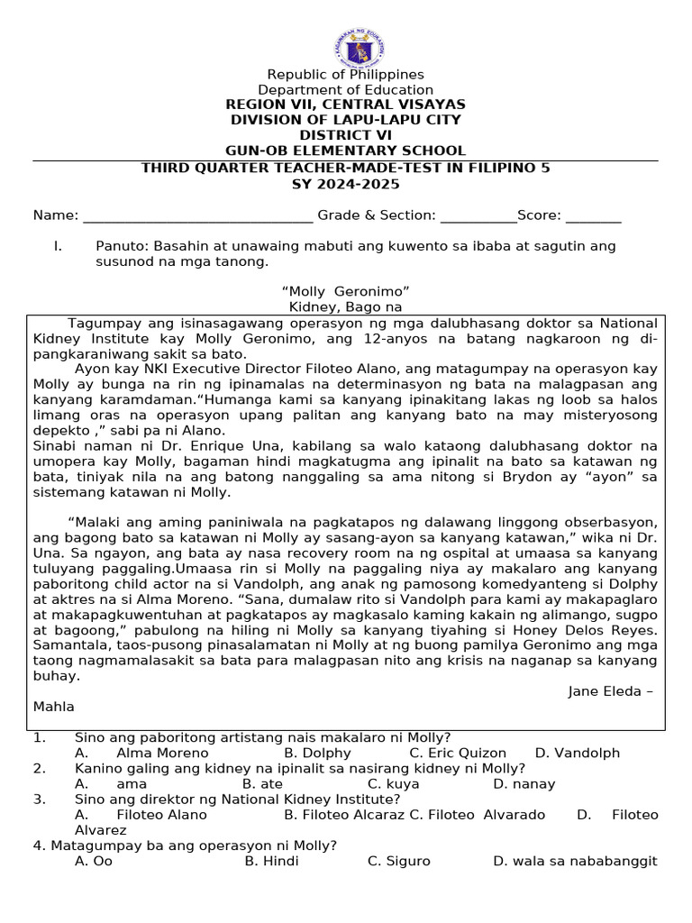 PT Tos Filipino 5 Q3 Igot Final | PDF