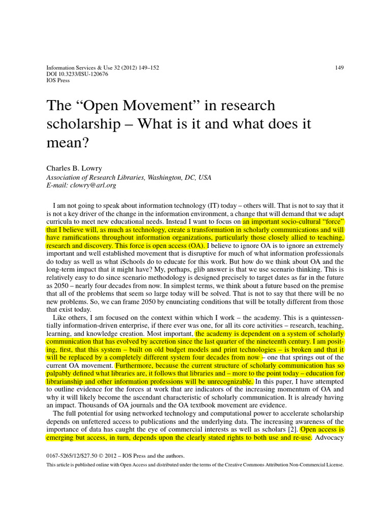 Lowry, Charles (2012) - The "Open Movement" in Research Sholarship. | PDF | Open Access | Science