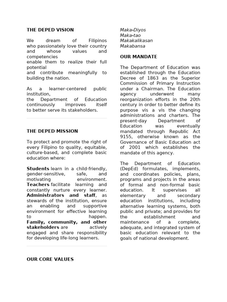 The Deped Vision Mission Core Values | PDF | Learning | Intelligence
