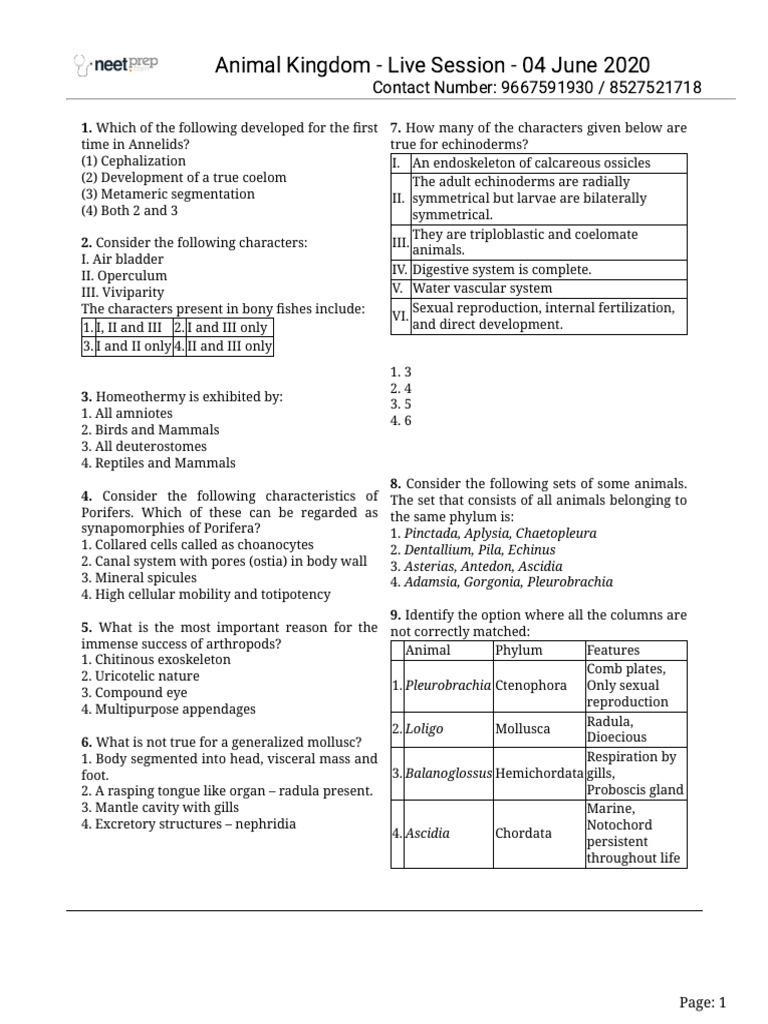 Animal Kingdom Question | PDF | Mollusca | Gill