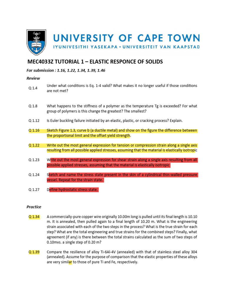 MEC4033Z Tutorial 1 Elastic Response of Solids | PDF | Deformation (Engineering) | Elasticity ...
