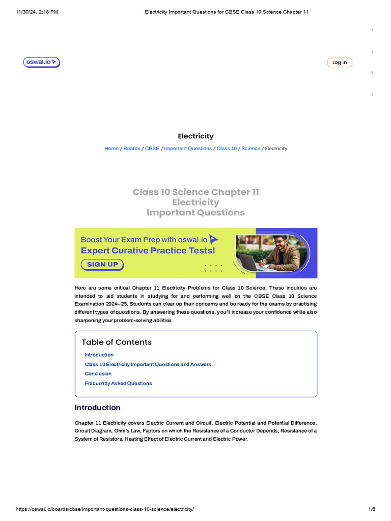 Electricity Important Questions For CBSE Class 10 Science Chapter 11 | PDF | Volt | Electric Current