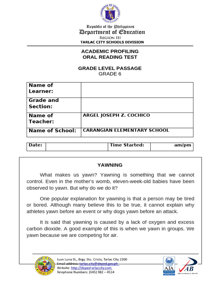 Grade-6-Reading-Tool-for-Profiling (English) | PDF | Breathing