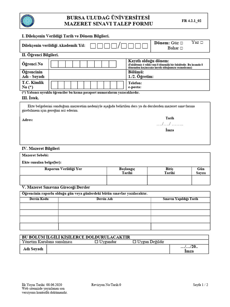 FR 421 02 Mazeret Sinavi Talep Formu | PDF