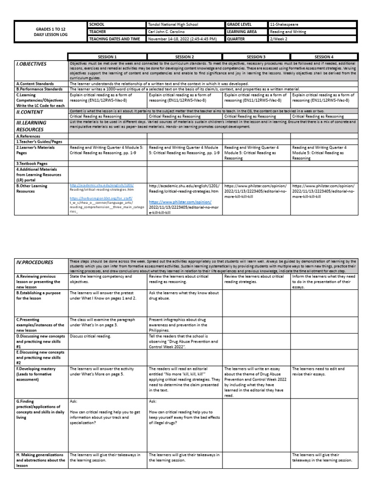 I.Objectives: Reading/critical-Reading-Strategies - HTM | PDF | Teaching | Cognitive Science