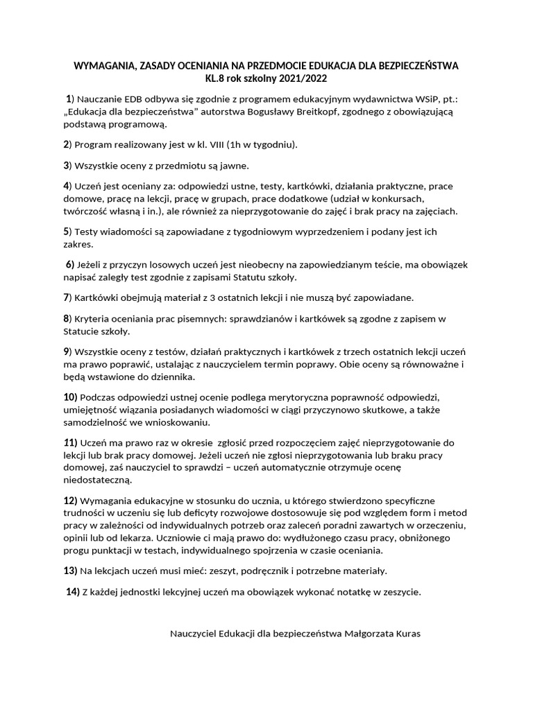 WYMAGANIA EDB kl.8 Rok Szkolny 2021 2022 | PDF