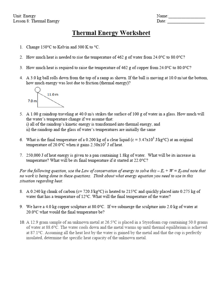 Thermal Energy - Worksheet 1 | PDF | Temperature | Heat Capacity