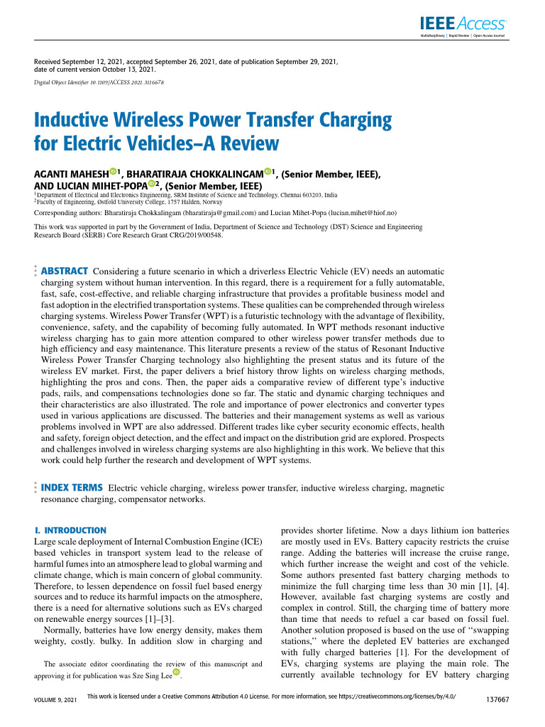 Inductive Wireless Power Transfer Charging For Electric Vehicles-A ...