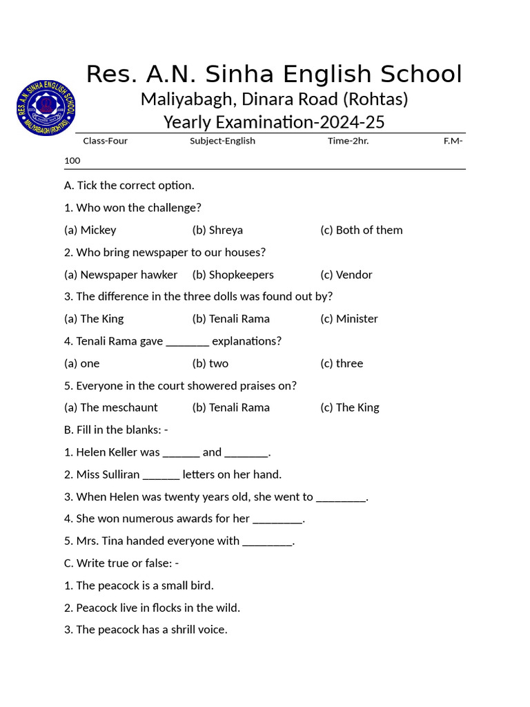 Class 4 English Exam Paper 2024-25 | PDF