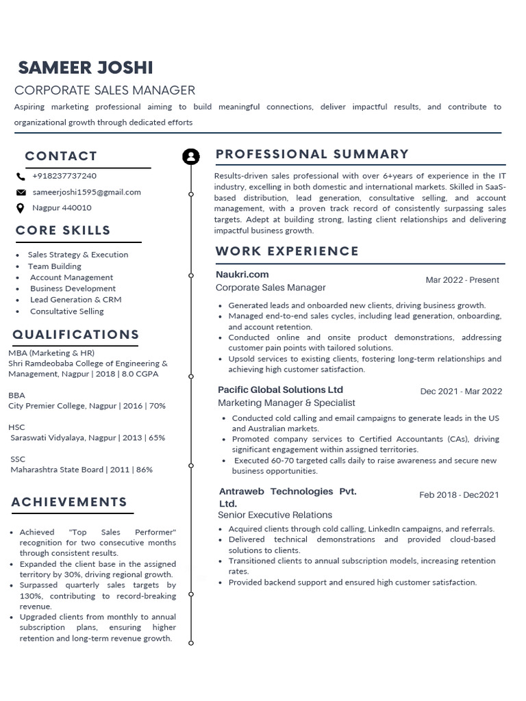 Sameer Joshi: Corporate Sales Achievements | PDF | Marketing | Economies