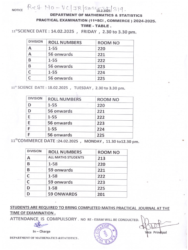 Notice For Practical Exam 11th Sci, Comm. Department of Mathematics & Statistics | PDF