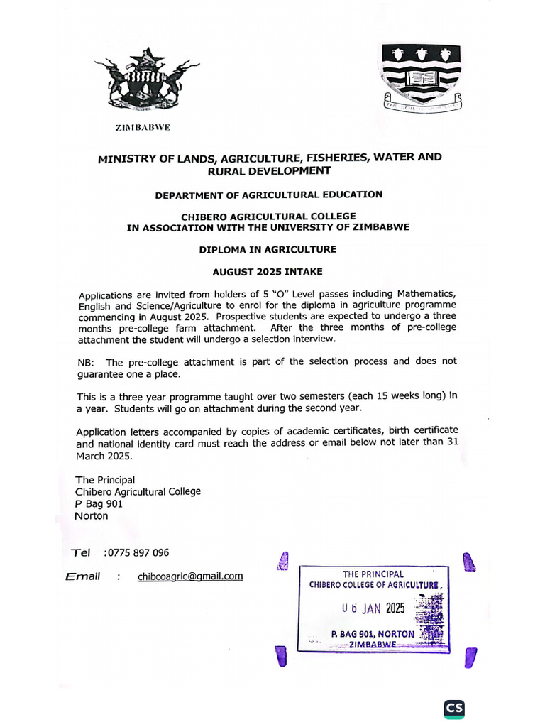 Chibero College 2025 Intake Advert | PDF