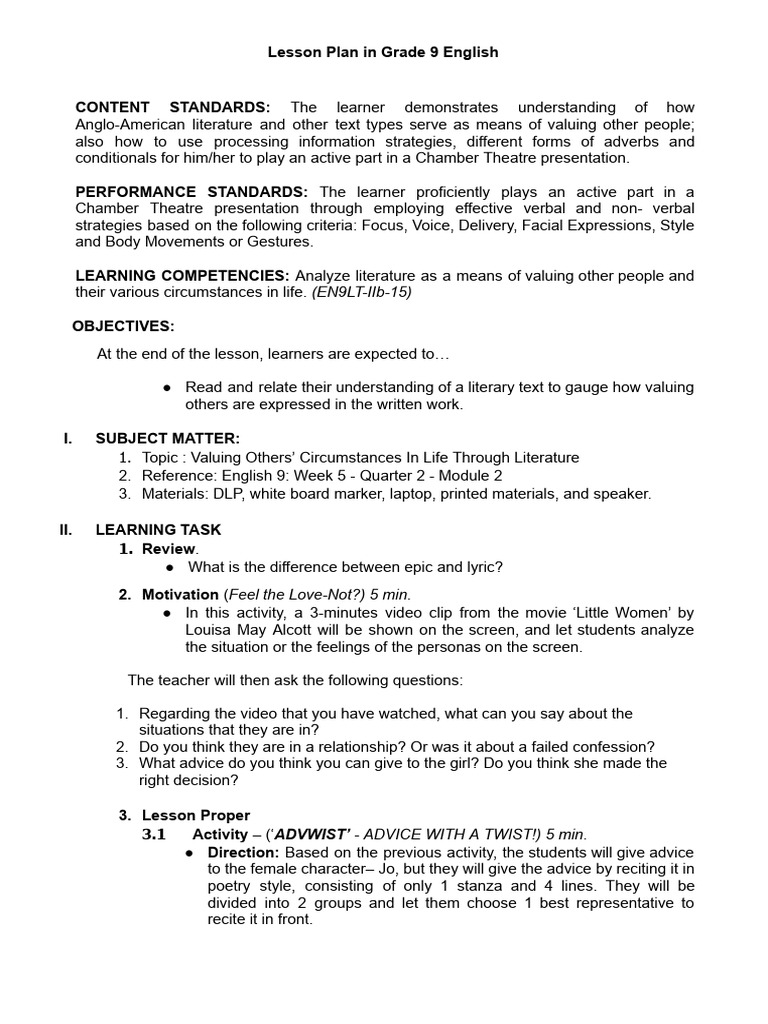 Grade 9 English Lesson on Valuing Others | PDF | Lesson Plan | Learning