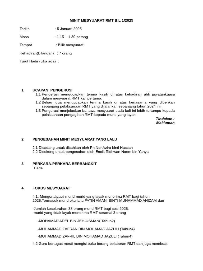 Minit Mesyarat RMT 2025 | PDF