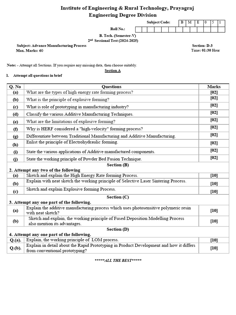 Advanced Manufacturing Process Question Paper D3 Second Sessional | PDF ...