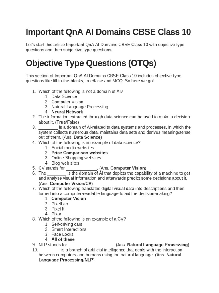 AI Domains Q&A for CBSE Class 10 | PDF | Artificial Intelligence ...