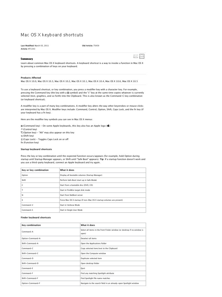 Mac OS X Keyboard Shortcuts | PDF | Finder (Software) | Keyboard Shortcut