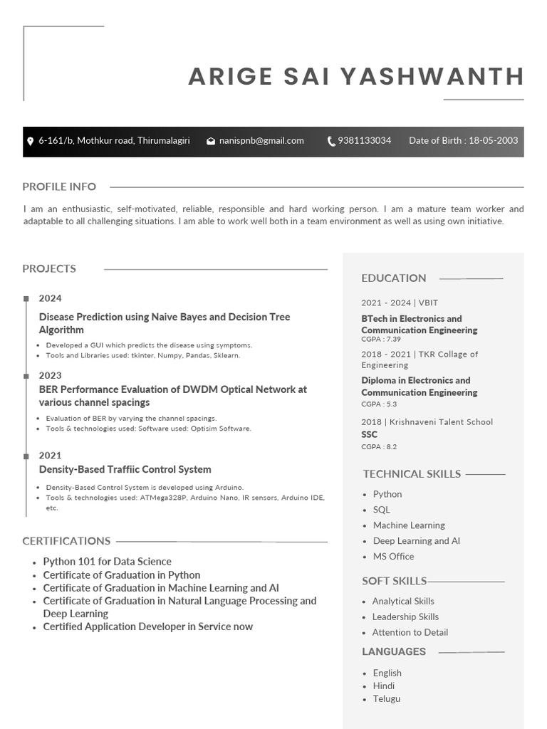 Arige Sai Yashwanth - Resume | PDF | Machine Learning | Computing