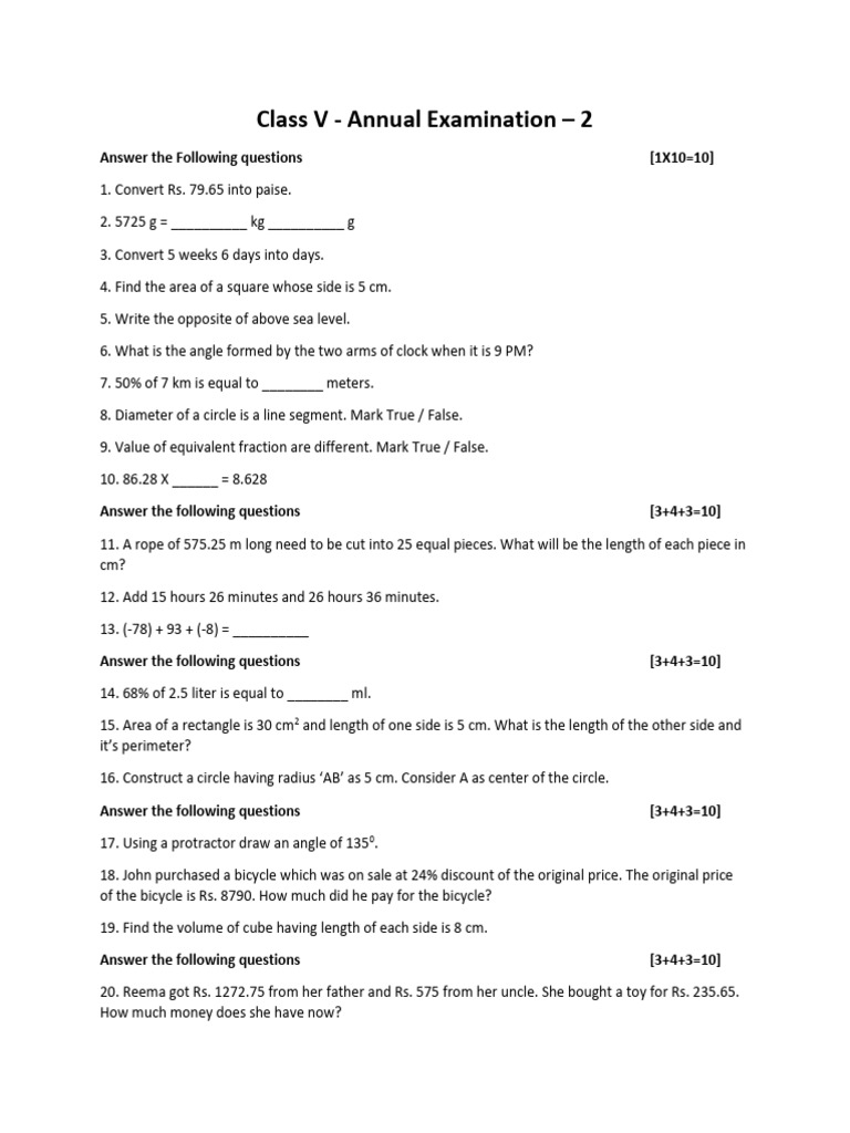 Class 5 Final Examination 2 | PDF | Circle | Area
