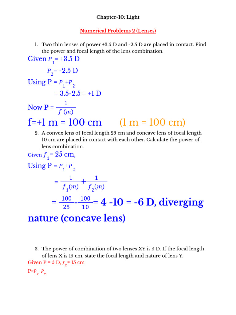 Chapter-10 Numerical Problems 2 (Lenses) | PDF | Applied And Interdisciplinary Physics ...