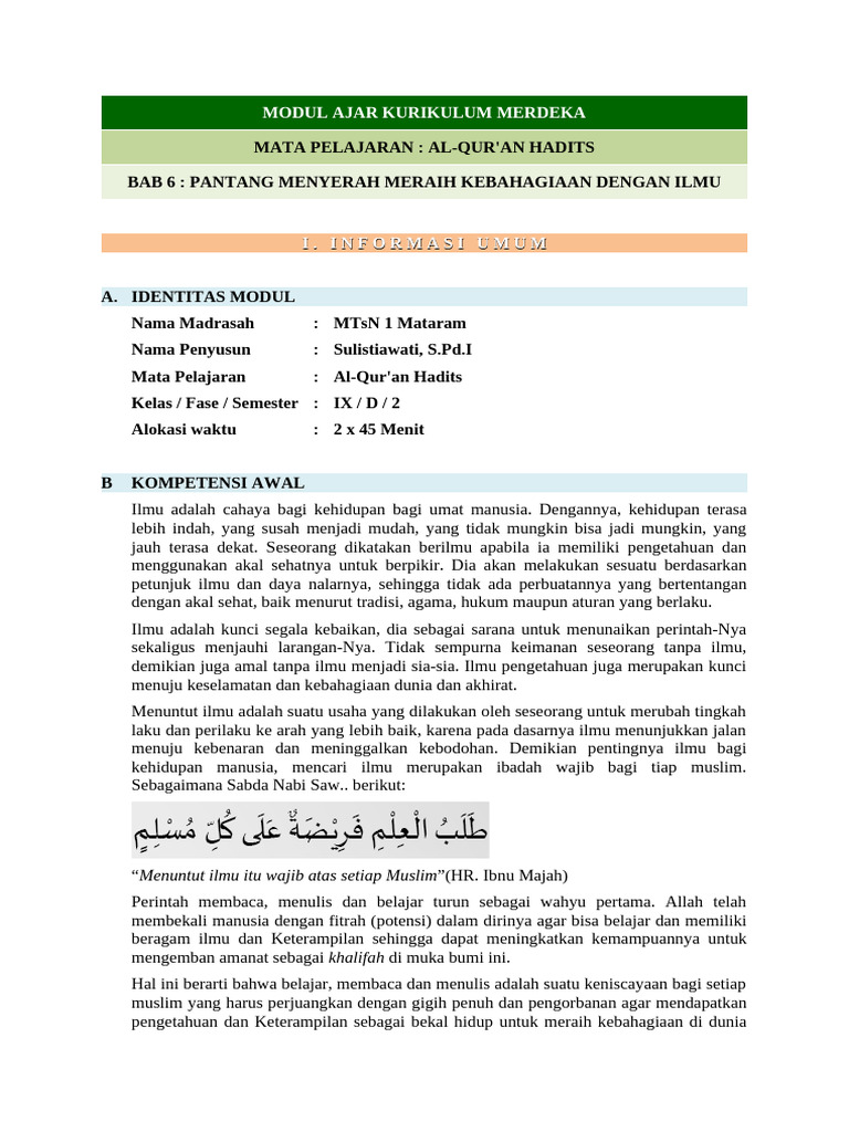 Modul Qurdis 9 Bab 6 - Pantang Menyerah Meraih Kebahagiaan Dengan Ilmu | PDF