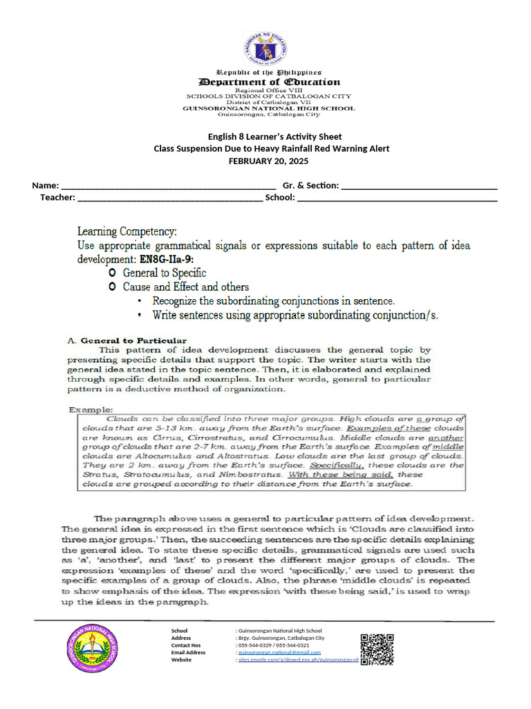Activity Sheet Feb 20 Due To Heavy Rainfall Red Alert Warning | PDF