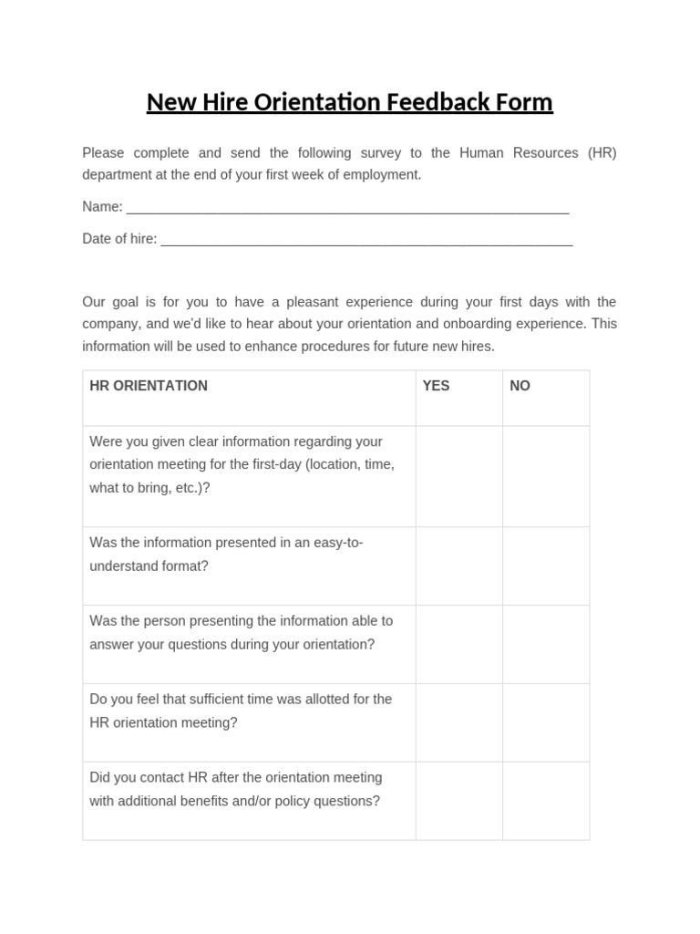 New Hire Orientation Feedback Form | PDF | Industrial And Organizational Psychology | Social ...
