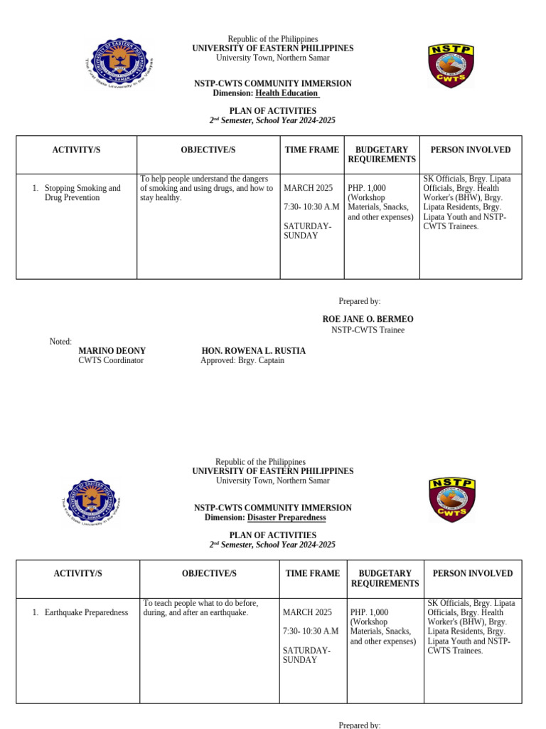 NSTP CWTS Plan of Activities | PDF