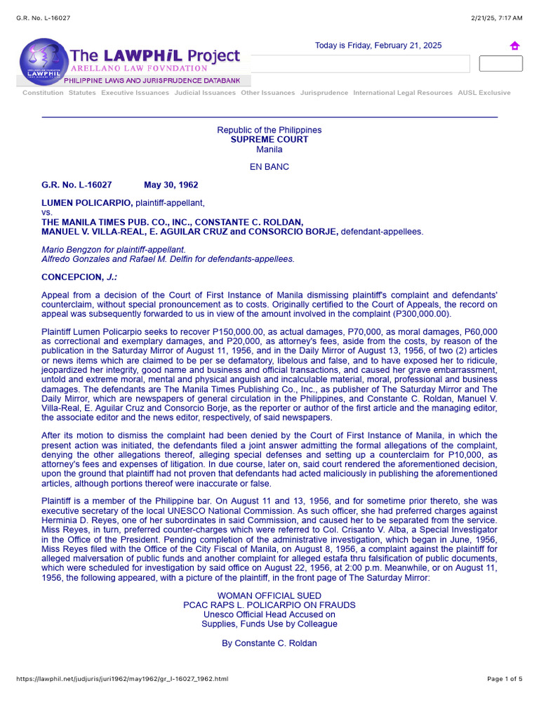 Defamation Case: Policarpio vs. Manila Times | PDF | Defamation | Justice