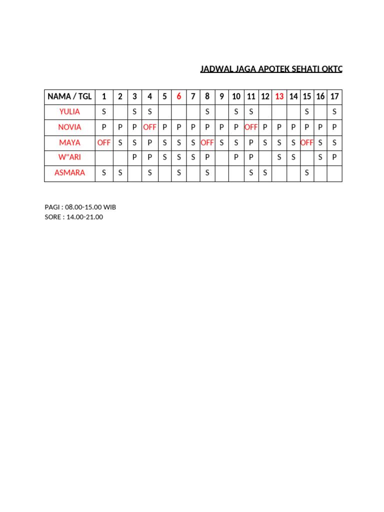 Jadwal Jaga Apotek Sehati | PDF