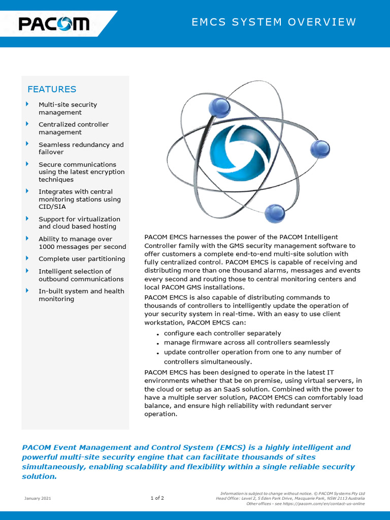 PACOM EMCS System Overview Datasheet 2 | PDF | Microsoft Sql Server | Cloud Computing