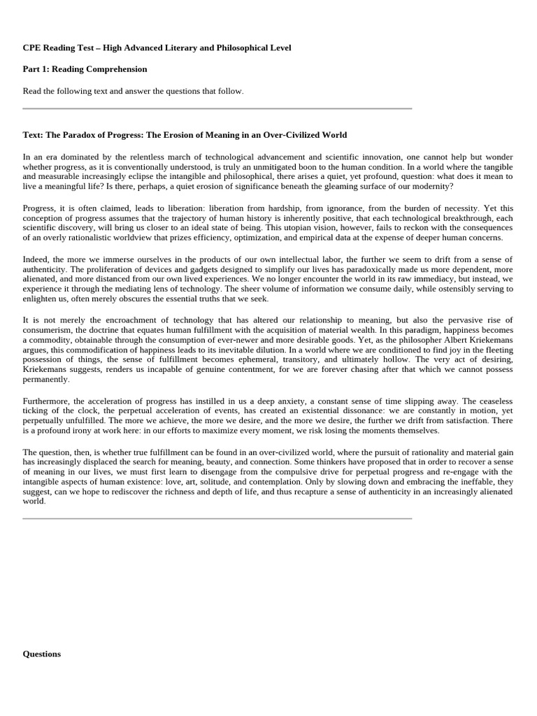 CPE Reading Test - High Advanced Literary and Phil | PDF | Quantum ...