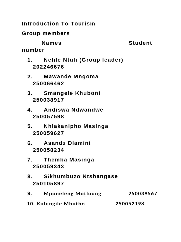 Introduction to Tourism Group Members | PDF