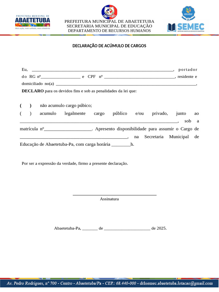 Declaração de Acúmulo de Cargos | PDF