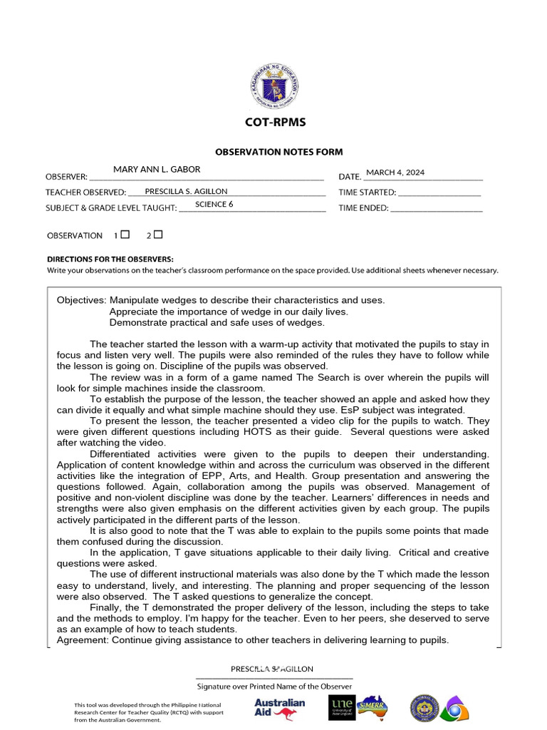 Science Lesson Observation Notes | PDF | Teachers | Curriculum